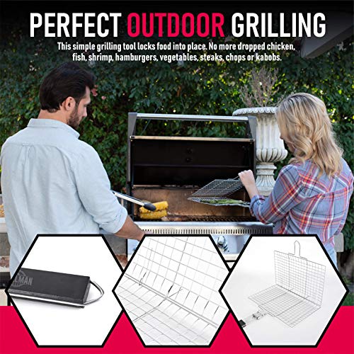 Grillman Heavy-Duty Stainless Steel BBQ Grill Basket - 180-Degree Hinged Lid & Secure Locking Handle | Grill Pan Set, Portable Grill Accessories | Barbecue, Fish, Vegetable, Hamburger Salmon