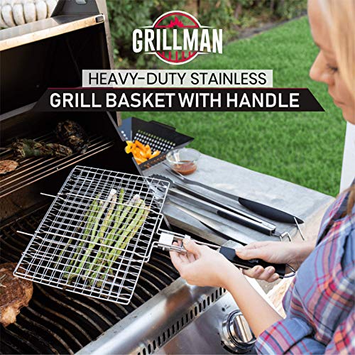 Grillman Heavy-Duty Stainless Steel BBQ Grill Basket - 180-Degree Hinged Lid & Secure Locking Handle | Grill Pan Set, Portable Grill Accessories | Barbecue, Fish, Vegetable, Hamburger Salmon