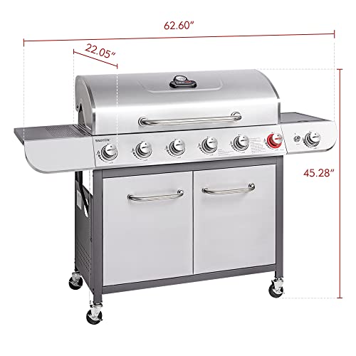 Royal Gourmet SG6002S 6-Burner BBQ Stainless Steel Gas Grill with Sear and Side Burners, Liquid Propane Cabinet Style Gas Grill, 71,000 BTU, Sliver