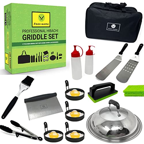 JORDIGAMO Griddle Accessories Kit, Flat Top Grill Accessories Set for Blackstone & Camp Chef, Hibachi/BBQ Tools, Melting Dome, 2 Spatula Set, 4 Egg Rings, Dough Scrubber, Cleaning Kit & More (17 PCS)