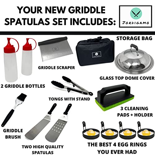 JORDIGAMO Griddle Accessories Kit, Flat Top Grill Accessories Set for Blackstone & Camp Chef, Hibachi/BBQ Tools, Melting Dome, 2 Spatula Set, 4 Egg Rings, Dough Scrubber, Cleaning Kit & More (17 PCS)