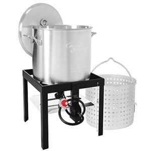 creole feast sbk0601 60 qt. seafood boiling kit with strainer, outdoor aluminum propane gas boiler steamer with 10 psi regulator, 100,000 btu jet burner