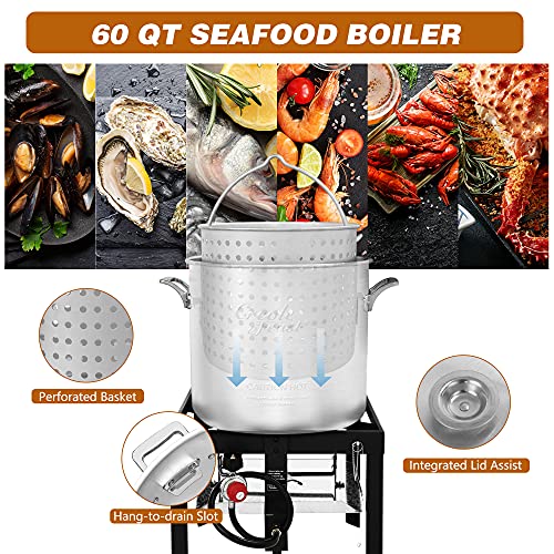 Creole Feast SBK0601 60 Qt. Seafood Boiling Kit with Strainer, Outdoor Aluminum Propane Gas Boiler Steamer with 10 PSI Regulator, 100,000 BTU Jet Burner