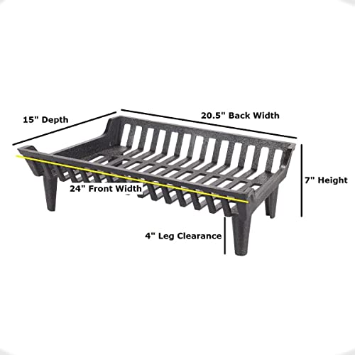 UBACKS 24 inch Fireplace Grate Heavy Duty, Cast Iron Fire Grate - 24" W x 15" D x 7" H