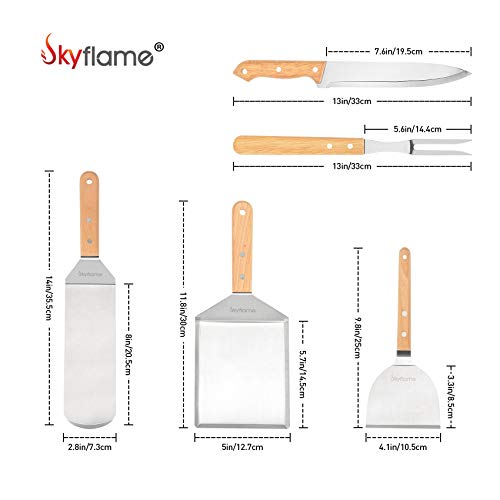 Skyflame Flat Top Griddle Kit, 6PCS Stainless Steel Grill Accessories Set with Cooking Spatula, Burger Turner, Pancake Burger Flipper and Meat Fork Set, Camping Tailgating Outdoor BBQ Essential