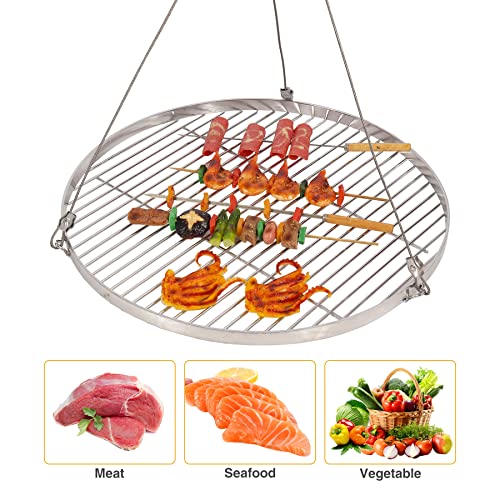 Lineslife Φ19.7 Stainless Steel Fire Pit Grill Cooking Grate, Round BBQ Grill Grate with Durable Carabiner and Wire Rope for Outdoor BBQ Picnic