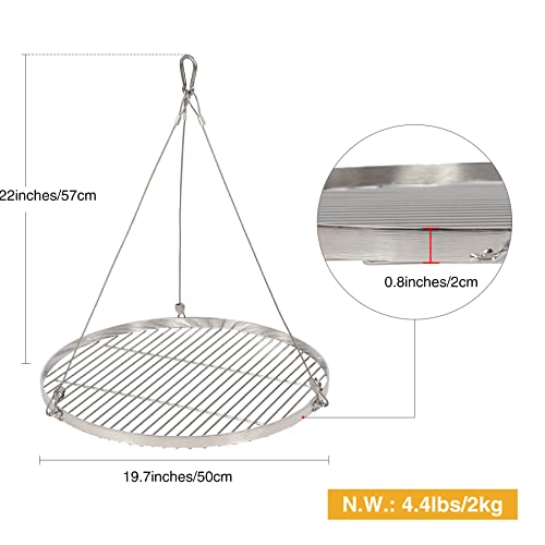 Lineslife Φ19.7 Stainless Steel Fire Pit Grill Cooking Grate, Round BBQ Grill Grate with Durable Carabiner and Wire Rope for Outdoor BBQ Picnic