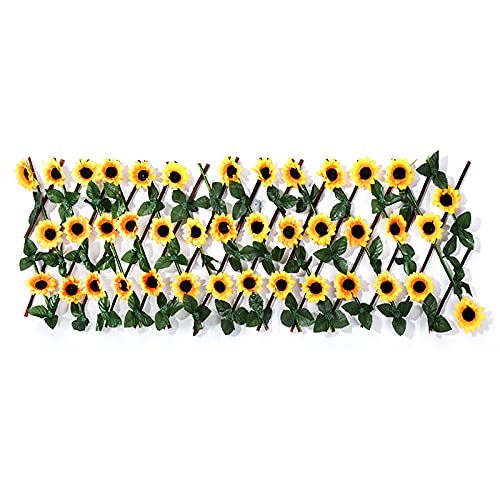 GWOKWAI Artificial Plant Expandable Fence, Expanding Trellis Privacy Fence Screen Artificial Sunflower/Rose Retractable Fence for Outdoor Garden Decor Balcony Backdrop Wall