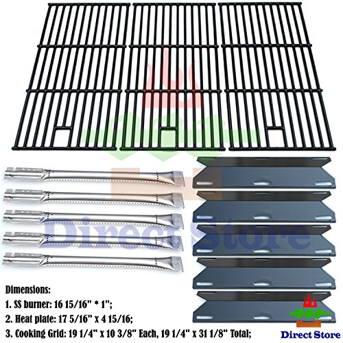 Direct Store Parts Kit DG180 Replacement for Perfect Flame 5 Burner 720-0522; Charmglow 5 Burner 720-0396,720-0578 Gas Grill(SS Burner + Porcelain Steel Heat Plate + Porcelain Cast Iron Cooking Grid)