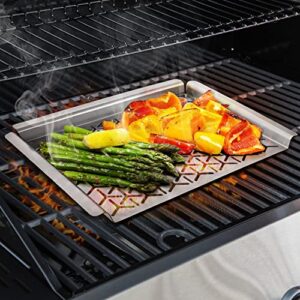 unicook grill topper 16 inch, premium vegetable grill basket, warp-free stainless steel grill pan, heavy duty bbq tray accessories for grilling veggie seafood meat and kabob