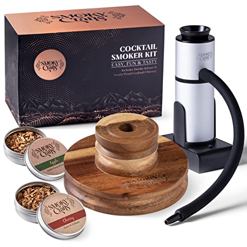 Smoky Crafts Acacia Whiskey Smoker Kit with Smoke Gun for Cocktails and Wood Chips (Apple & Cherry) - Cocktail Smoker Kit – Drink Smoker Infuser Kit (Torch Not Required)