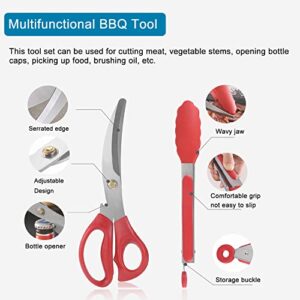 Korean Barbecue Scissors Clip and BBQ Tongs Set for Cooking 3PCS Multifunctional Korean BBQ Tool Set Ultra Sharp Kitchen Shears Silicone BBQ Pastry Oil Brush(Red)