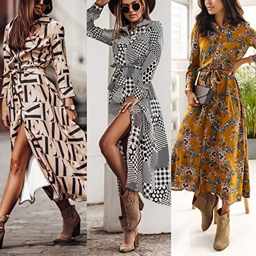 wodceeke Women 2021 Spring Boho Maxi Dress Button V-Neck Long Sleeve Retro Graphics Print Dress Wedding Guest Prom Dress (Khaki, M)