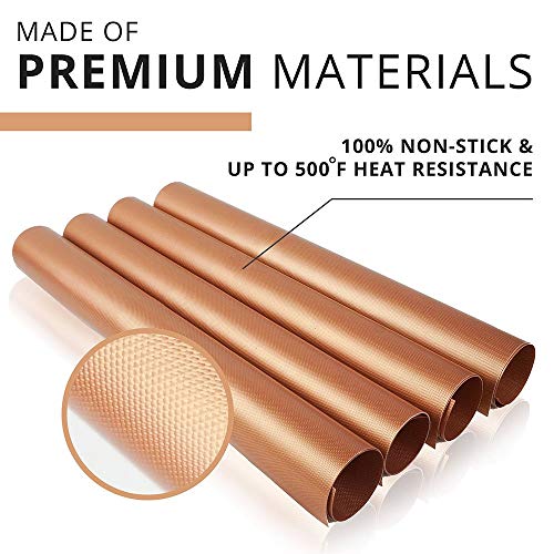 Premium Large Copper Grill and Bake Mats Set of 4 with Oil Brush - 15.75 X 13 inches - Non Stick BBQ Grill Mats for Grilling & Baking on Gas, Charcoal, and BBQ Grills - Easy to Clean and Reusable