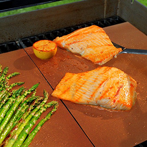 Premium Large Copper Grill and Bake Mats Set of 4 with Oil Brush - 15.75 X 13 inches - Non Stick BBQ Grill Mats for Grilling & Baking on Gas, Charcoal, and BBQ Grills - Easy to Clean and Reusable