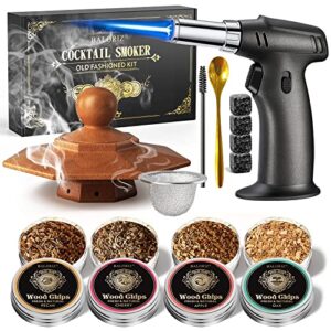 cocktail smoker kit with torch (no butane) – old fashioned kits bourbon whiskey smoker kit with 4 wood chips of cherry, oak, apple, pecan chips, 4 ice cube, brush,filter,spoon ideal gifts for men