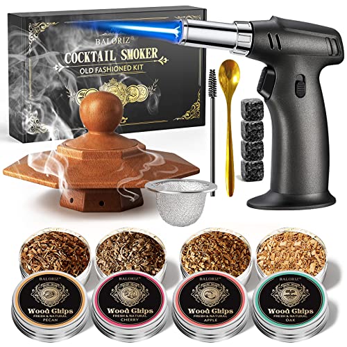 Cocktail Smoker Kit with Torch (No Butane) – Old Fashioned Kits Bourbon Whiskey Smoker Kit with 4 Wood Chips of Cherry, Oak, Apple, Pecan Chips, 4 Ice Cube, Brush,Filter,Spoon Ideal Gifts for Men