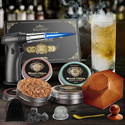 Cocktail Smoker Kit with Torch (No Butane) – Old Fashioned Kits Bourbon Whiskey Smoker Kit with 4 Wood Chips of Cherry, Oak, Apple, Pecan Chips, 4 Ice Cube, Brush,Filter,Spoon Ideal Gifts for Men