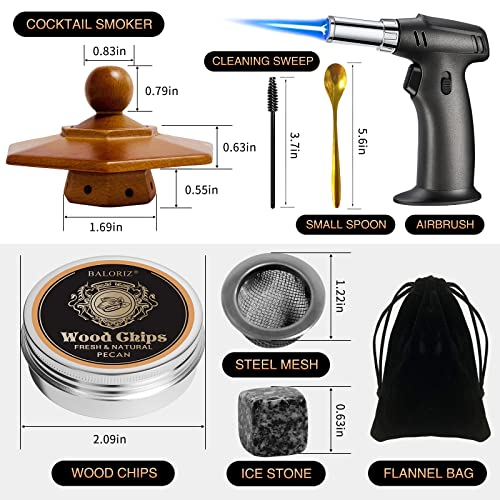 Cocktail Smoker Kit with Torch (No Butane) – Old Fashioned Kits Bourbon Whiskey Smoker Kit with 4 Wood Chips of Cherry, Oak, Apple, Pecan Chips, 4 Ice Cube, Brush,Filter,Spoon Ideal Gifts for Men