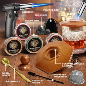 Cocktail Smoker Kit with Torch (No Butane) – Old Fashioned Kits Bourbon Whiskey Smoker Kit with 4 Wood Chips of Cherry, Oak, Apple, Pecan Chips, 4 Ice Cube, Brush,Filter,Spoon Ideal Gifts for Men