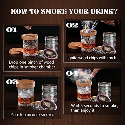 Cocktail Smoker Kit with Torch (No Butane) – Old Fashioned Kits Bourbon Whiskey Smoker Kit with 4 Wood Chips of Cherry, Oak, Apple, Pecan Chips, 4 Ice Cube, Brush,Filter,Spoon Ideal Gifts for Men