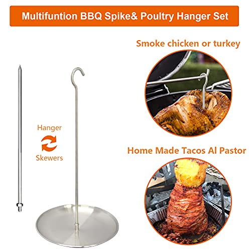 Upgraded Vertical Skewer Al Pastor Skewer, BBQ Poultry Turkey Hanger Chicken Rack Shawerma Brazilian Skewer Hack Stand for Grill Meat Spit Stainless Steel (with 1 Base,3 Skewers and 2 Chicken Hangers)