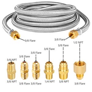 Breezliy 10 Feet High Pressure Braided Propane Hose Extension with Conversion Coupling 3/8" Flare to 1/2" Female NPT 1/4" Male NPT 3/8" Male NPT 3/8" Male Flare for Fire Pit,RV,Heater,BBQ Grill,etc