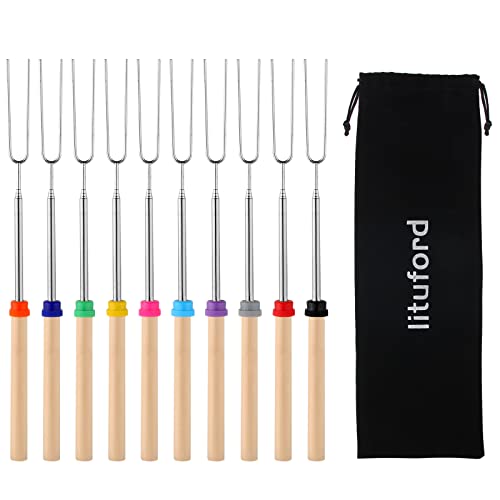 Lituford 32 Inch Long Marshmallow Roasting Stick Campfire Smores Kit for Fire Pit Marshmallow Smores Sticks,Barbecue Forks Extendable Telescoping for Grilling Set(10pcs)