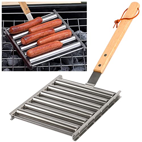 KAYCROWN Hot Dog Roller Stainless Steel Sausage Roller Rack with Extra Long Wood Handle, BBQ Hot Dog Griller for Evenly Cooked Hot Dog, 5 Hot Dog Capacity