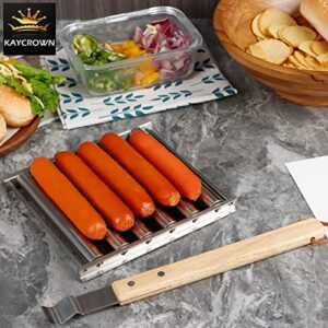 KAYCROWN Hot Dog Roller Stainless Steel Sausage Roller Rack with Extra Long Wood Handle, BBQ Hot Dog Griller for Evenly Cooked Hot Dog, 5 Hot Dog Capacity