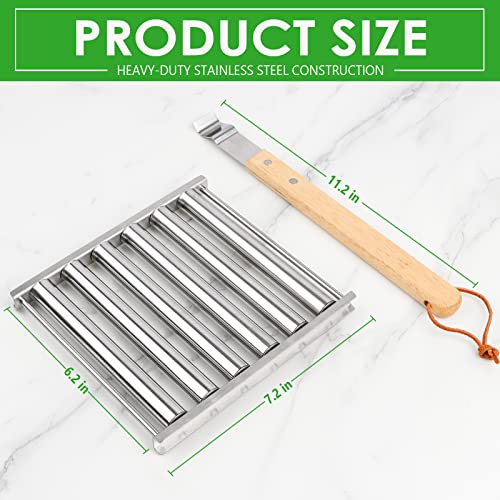 KAYCROWN Hot Dog Roller Stainless Steel Sausage Roller Rack with Extra Long Wood Handle, BBQ Hot Dog Griller for Evenly Cooked Hot Dog, 5 Hot Dog Capacity