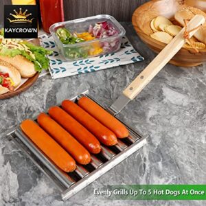 KAYCROWN Hot Dog Roller Stainless Steel Sausage Roller Rack with Extra Long Wood Handle, BBQ Hot Dog Griller for Evenly Cooked Hot Dog, 5 Hot Dog Capacity