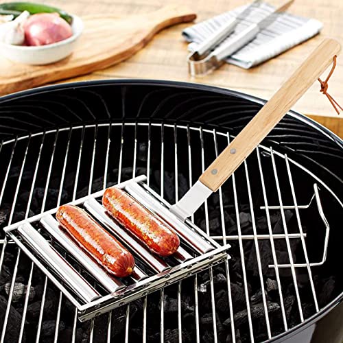 KAYCROWN Hot Dog Roller Stainless Steel Sausage Roller Rack with Extra Long Wood Handle, BBQ Hot Dog Griller for Evenly Cooked Hot Dog, 5 Hot Dog Capacity