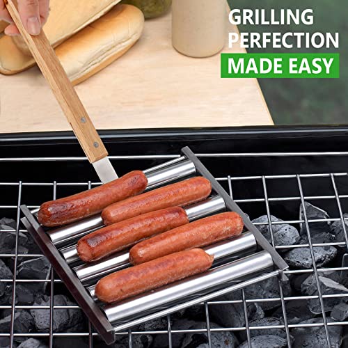 KAYCROWN Hot Dog Roller Stainless Steel Sausage Roller Rack with Extra Long Wood Handle, BBQ Hot Dog Griller for Evenly Cooked Hot Dog, 5 Hot Dog Capacity