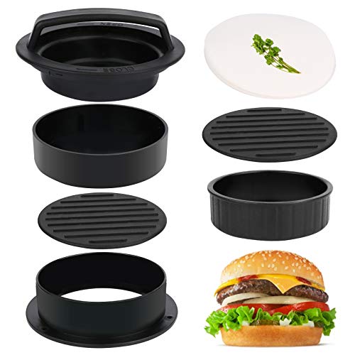 HAHAYOO 3 in 1 Stuffed Burger Press Patty Maker Rings Molds Kit, Non Stick Stuffer Hamburger Press Patty Maker - with 100 Pcs Wax Hamburger Patty Paper, Sausage Patty Press for Slider/Pattie/Grilling