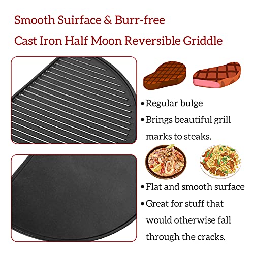 KAMaster 18" Half Moon Cast Iron Reversible Griddle for Large Big Green Egg and Other 18in Kamado Grills BGE Cooking Grate BBQ Accessories