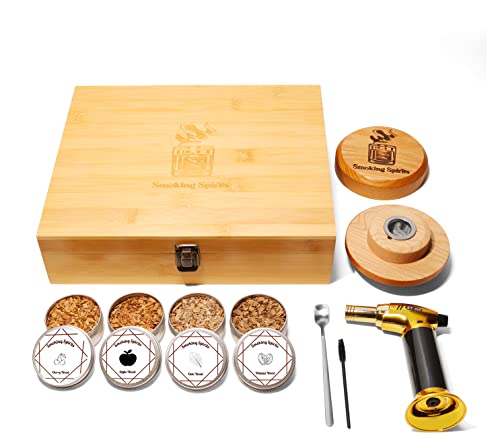 Smoking Spirits Cocktail Smoker Kit with torch, Old Fashioned Smoker for Cocktails/Bourbon/Drinks, Whiskey Smoker Kit with 4 kinds of Flavored Wood Chips. Great Gift for Father, Husband, Friend, and Birthdays. (No Butane)