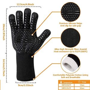 Oven Gloves 932°F Heat Resistant Gloves, Cut-Resistant Grill Gloves, Non-Slip Silicone BBQ Gloves, Kitchen Safe Cooking Gloves for Men, Oven Mitts,Smoker,Barbecue,Grilling (Oven Gloves)