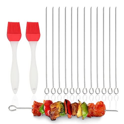 Kabob Skewers, Stainless Steel Shish Grilling Skewers Set, BBQ Barbecue Shish Kabob Sticks Skewers for Grilling Meat Shrimp Chicken Vegetable, 12pcs shish kabob skewers + 2pcs Bonus Silicone Brush