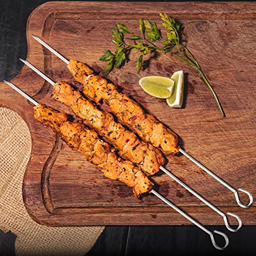 Kabob Skewers, Stainless Steel Shish Grilling Skewers Set, BBQ Barbecue Shish Kabob Sticks Skewers for Grilling Meat Shrimp Chicken Vegetable, 12pcs shish kabob skewers + 2pcs Bonus Silicone Brush