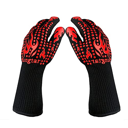 Turkey Fryer BBQ Heat Resistant Gloves, Cooking Gloves, Oven Gloves 1472℉,14Inch, Heat Resistant, Grill Gloves, Silicone Non-Slip Cooking Gloves for Cooking, Grilling, Baking, Welding, (Large, Red)