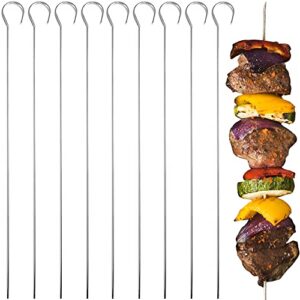 flat metal kabob skewers for grilling – 8″ bbq skewers stainless steel with storage bag – set of 9 dishwasher safe flat metal skewer set for grilling with hook handle & sharp tip by o-yaki