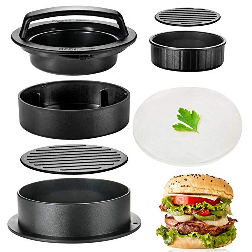 TAOUNOA Hamburger Press Patty Maker, 3 in 1 Non-Stick Burger Press with 100 Pcs Wax Paper for Making Delicious Burgers, Perfect Shaped Patties for Grilling and Cooking