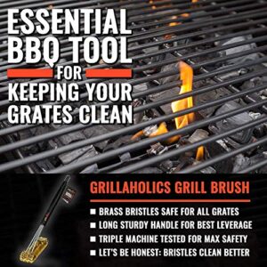 Grillaholics Essentials Brass Grill Brush - Softer Brass Bristle Wire Grill Brush for Safely Cleaning Porcelain and Ceramic Grates - Lifetime Manufacturer's Warranty