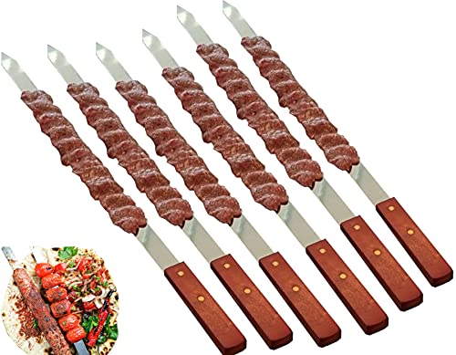 Professional Stainless Steel Kabob Barbecue BBQ Skewers for Shish Kebab Turkish Grills & Koubideh Brazilian Persian - 23" x 1" with Wood Handle (6 Pack)