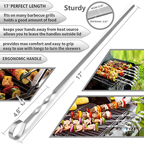 Kabob Skewers, 17" Metal Kebab Skewers Flat Long Stainless Steel Wide Reusable BBQ Barbecue Shish Kabob Sticks Skewers for Grilling Meat Shrimp Chicken Vegetable, 12 Pack Including Bonus 14" Skewers