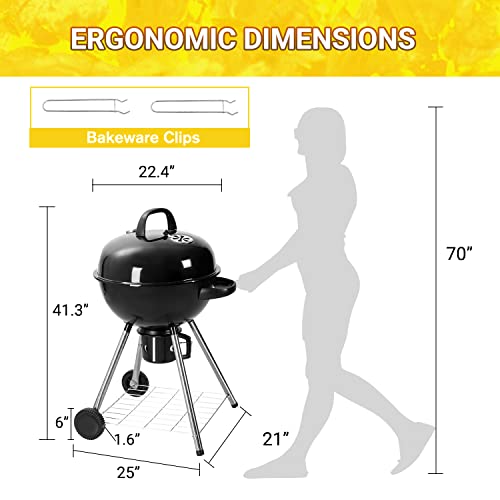 Flamaker 22 Inch Charcoal Grill Enamel Premium Charcoal Grill with Bakeware Clips Chrome Plated Iron Grill Ash Catcher Thermometer Spice Rack for Outdoor BBQ Camping