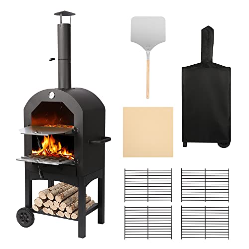 Xilingol Outdoor Pizza Oven, Wood Fired Pizza Oven for Outside, Large Pizza Ovens with 4 Steel Pizza Grills, 2 Removable Wheels, 12" Pizza Stone, Pizza Spatula, Waterproof Cover for Patio Backyard