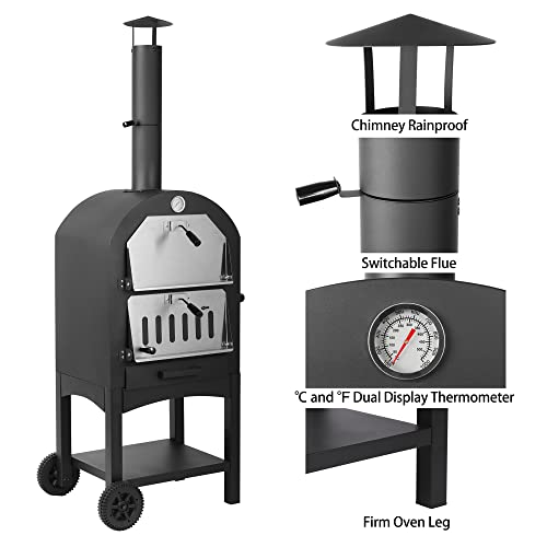 Xilingol Outdoor Pizza Oven, Wood Fired Pizza Oven for Outside, Large Pizza Ovens with 4 Steel Pizza Grills, 2 Removable Wheels, 12" Pizza Stone, Pizza Spatula, Waterproof Cover for Patio Backyard