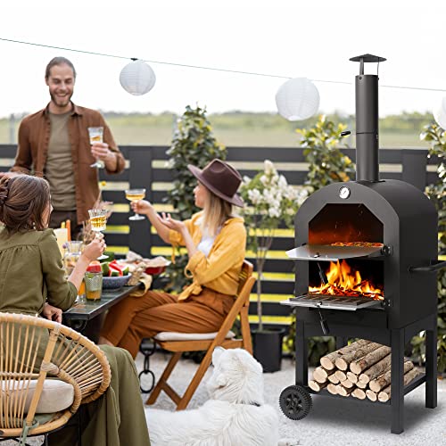 Xilingol Outdoor Pizza Oven, Wood Fired Pizza Oven for Outside, Large Pizza Ovens with 4 Steel Pizza Grills, 2 Removable Wheels, 12" Pizza Stone, Pizza Spatula, Waterproof Cover for Patio Backyard